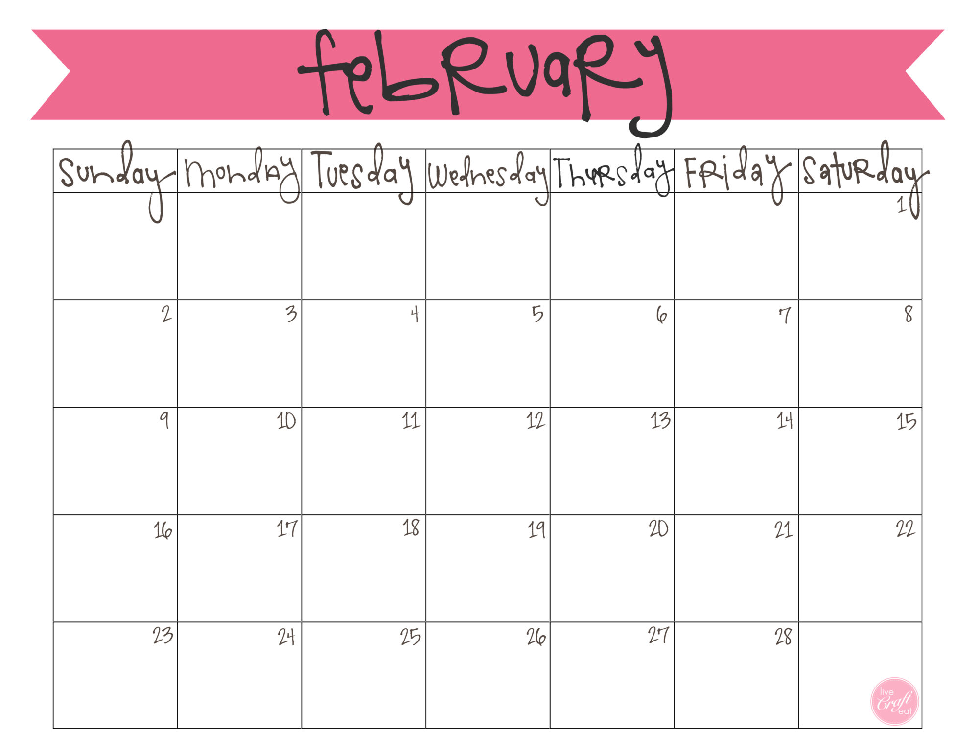 February 2014 Calendar - Free Printable | Live Craft Eat